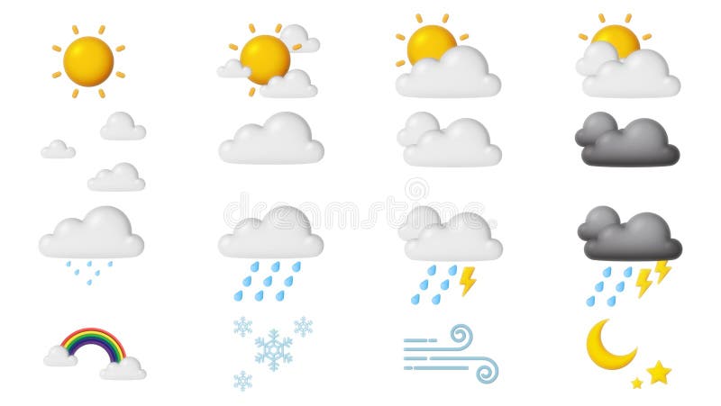 Set of Weather Icons Isolated on White Background. Realistic Objects. Plasticine Style Stock ...