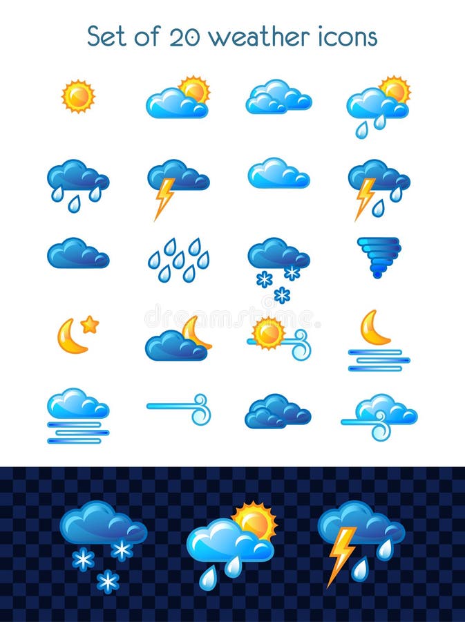 Set of 20 Weather Icons on White and Transparent Background. Stock ...