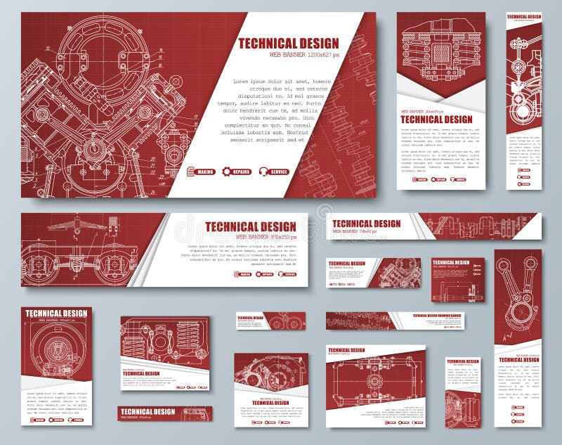 Set of Web Banners with Technical Drawings Stock Vector - Illustration ...