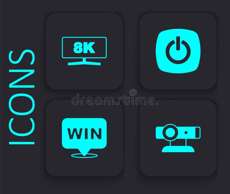 Set Web Camera, Computer Monitor, Power Button and Medal Icon. Black Square Button. Vector Stock ...