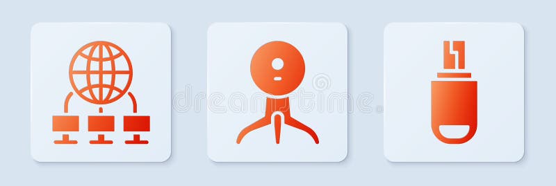 Set Web Camera, Computer Network and USB Flash Drive. White Square ...