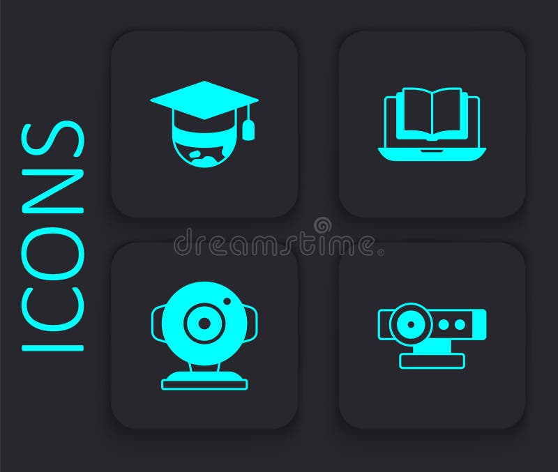 Set Web Camera, Graduation Cap on Globe, Online Class and Icon. Black ...