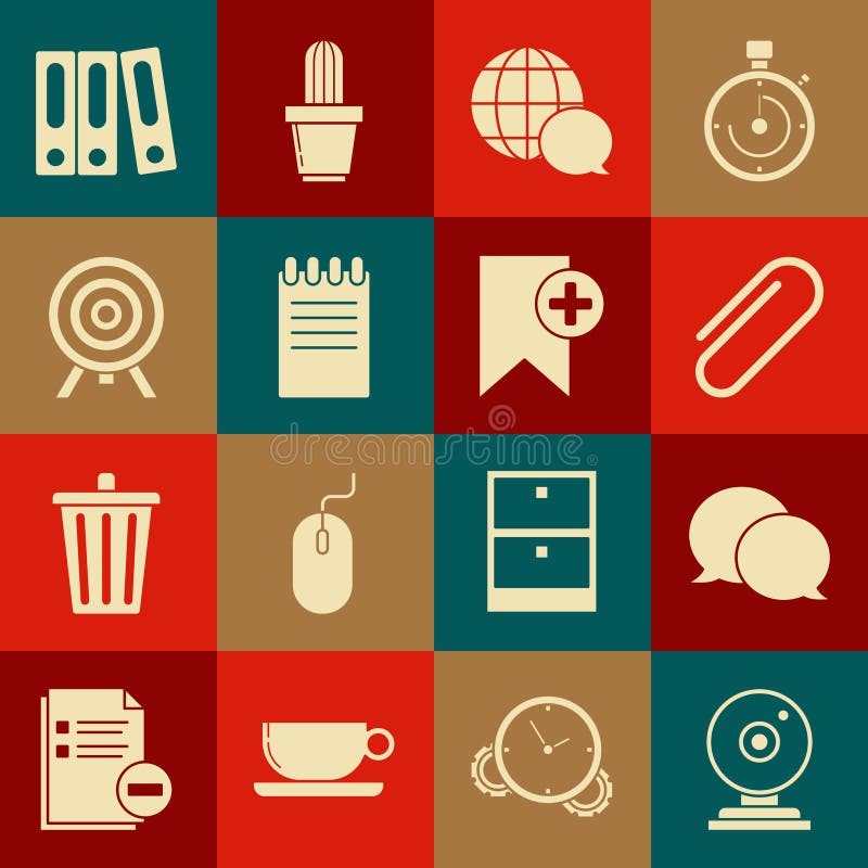 Set Web Camera, Speech Bubble Chat, Paper Clip, World Map Made from ...