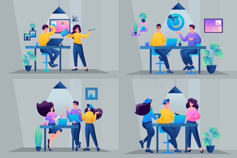 Set of Web Design. Creative Department, Conversation with an Investor ...