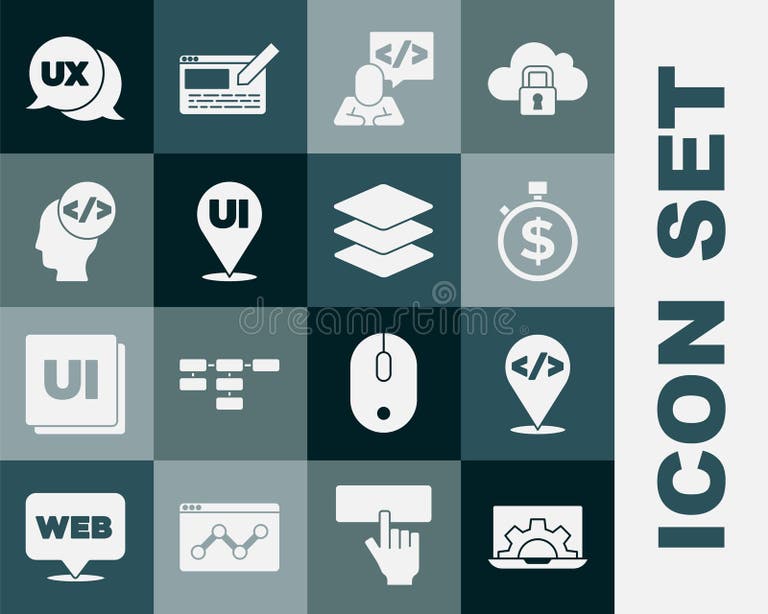 Set Web Development, Front End, Time is Money, UI or UX Design, and Layers Icon. Vector Stock ...