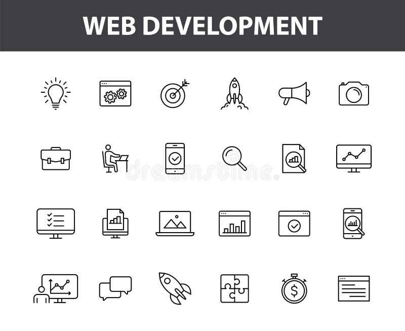 Set of 24 SEO and Development Web Icons in Line Style. Contact, Target ...