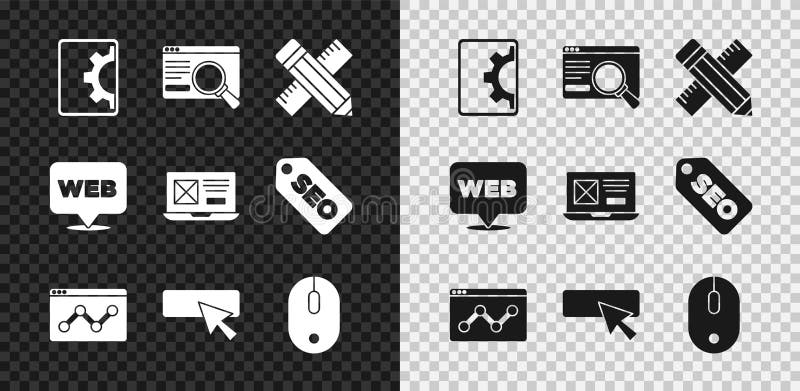 Set UI or UX Design, Crossed Ruler and Pencil, Cloud Computing Lock, Website Statistic, Color ...