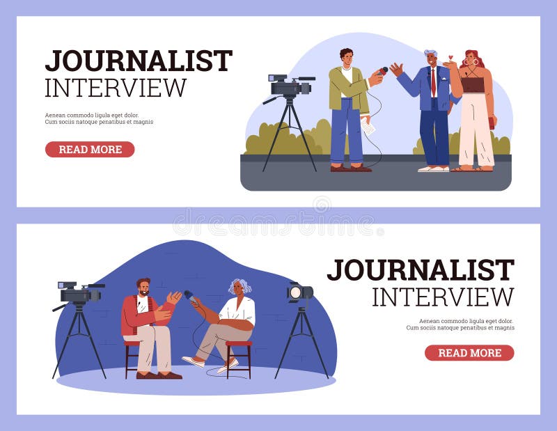 Set of Website Banner Templates about Journalist Interview Flat Style ...