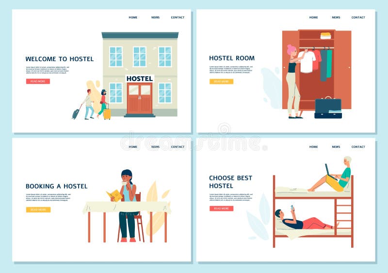 Banner for Hostel with Big Word and Tourists Flat Vector Illustration ...