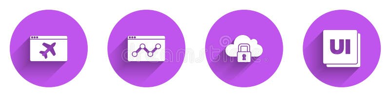 Set Website Template Statistic Cloud Computing Lock And Ui Or Ux Design Icon With Long Shadow