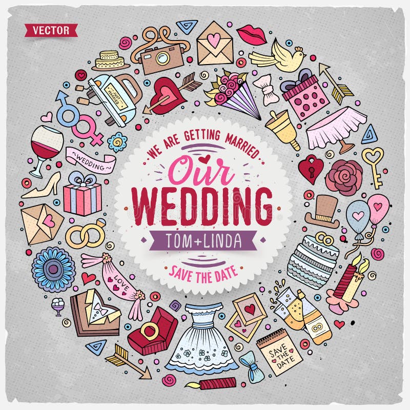 Set of Wedding Cartoon Doodle Objects Round Frame Stock Vector ...