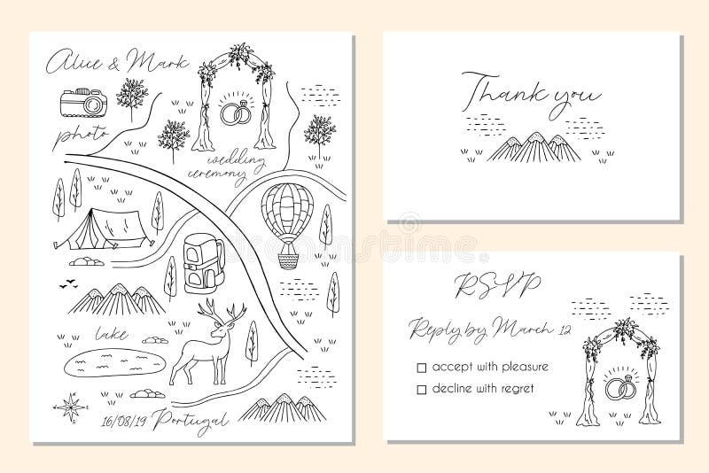 Set of Wedding Invitation Cards with Map Stock Vector - Illustration of ...