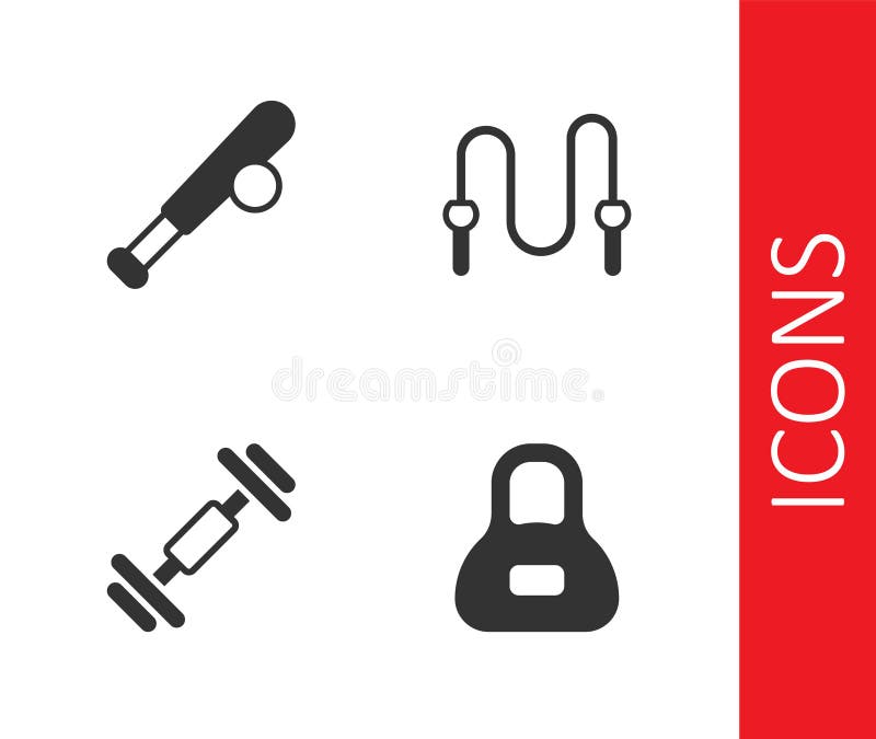 Set Weight, Baseball Bat with Ball, Dumbbell and Jump Rope Icon. Vector ...