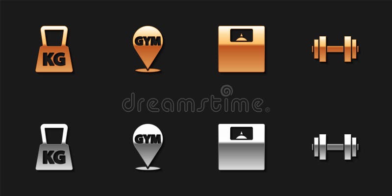 Set Weight, Location Gym, Bathroom Scales and Dumbbell Icon. Vector ...