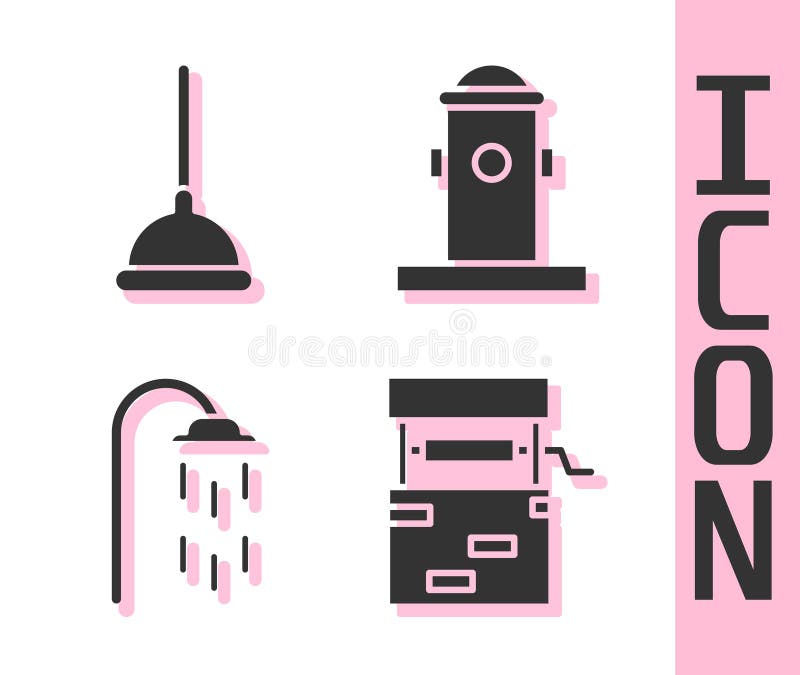 Set Well, Rubber Plunger, Shower and Fire Hydrant Icon. Vector. Stock ...