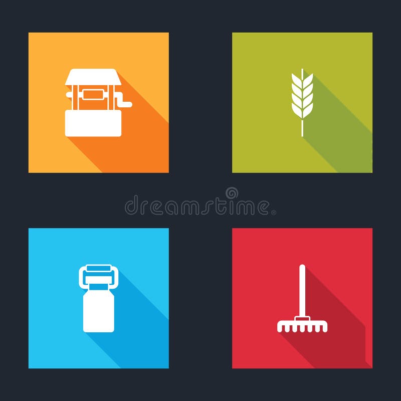 Set Well, Wheat, Can Container for Milk and Garden Rake Icon. Vector ...