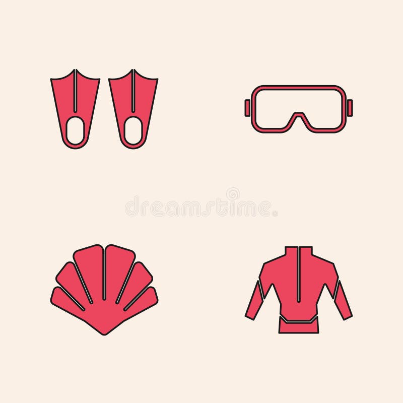 Set Wetsuit, Rubber Flippers, Diving Mask and Scallop Sea Shell Icon ...