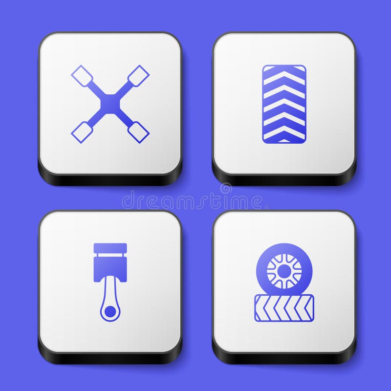 Set Wheel Wrench, Car Tire Wheel, Engine Piston and Icon. White Square ... Set Wheel Wrench, Car Tire Wheel, Engine Piston and Icon. White Square ...