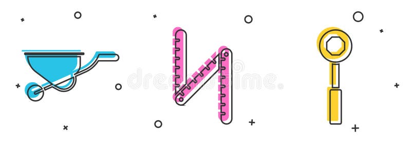 Set Wheelbarrow, Folding Ruler and Wrench Spanner Icon. Vector Stock ...