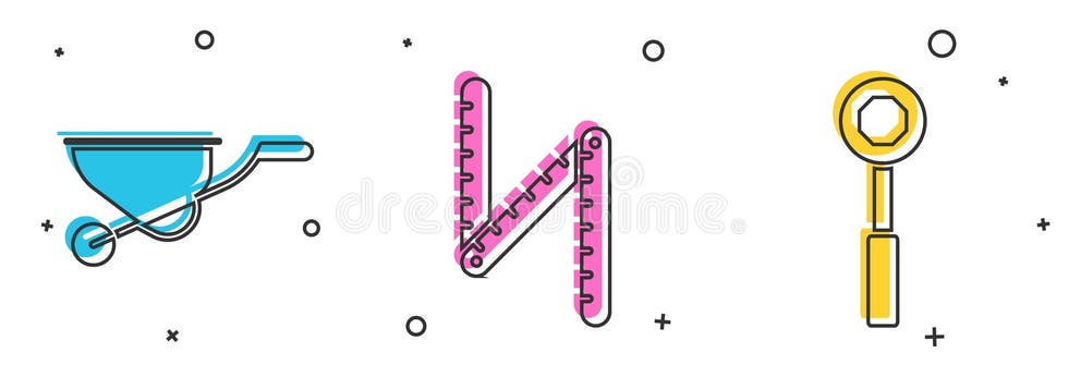 Set Wheelbarrow, Folding Ruler and Wrench Spanner Icon. Vector Stock ...