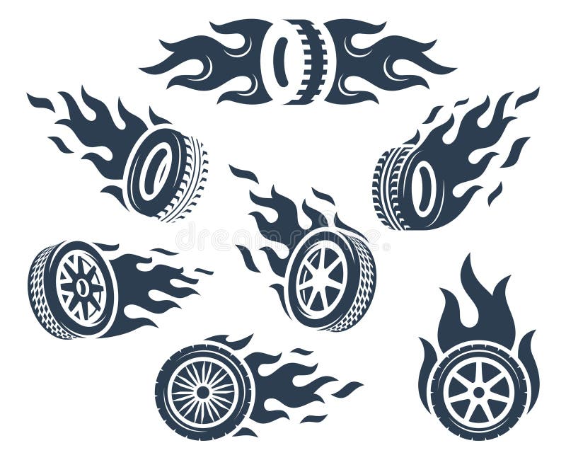 Set of Wheels Silhouettes with Flame Stock Vector - Illustration of ...