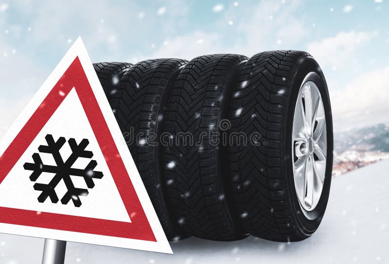 Set of Wheels with Winter Tires on Snow and Road Sign Outdoors Stock ...