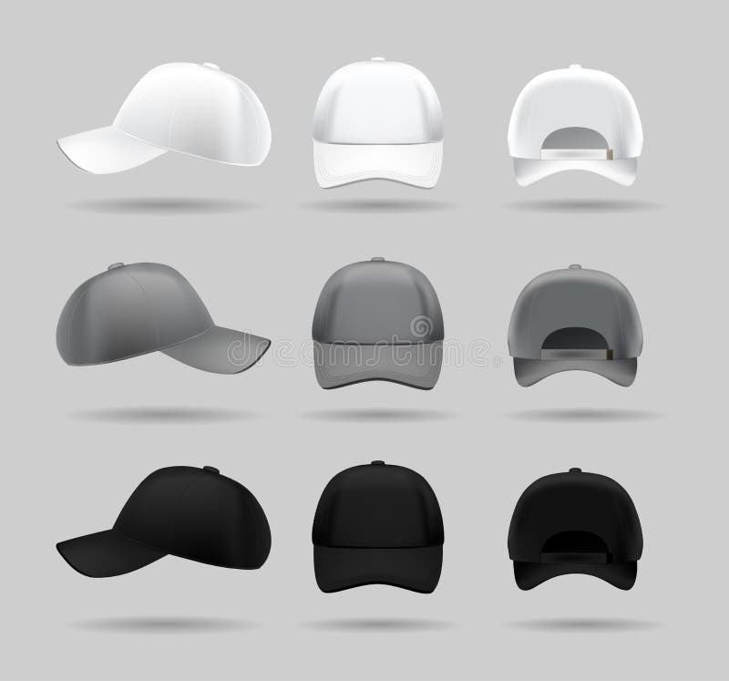 Set of White, Black and Gray Baseball Cap, . Realistic Mockup Stock ...
