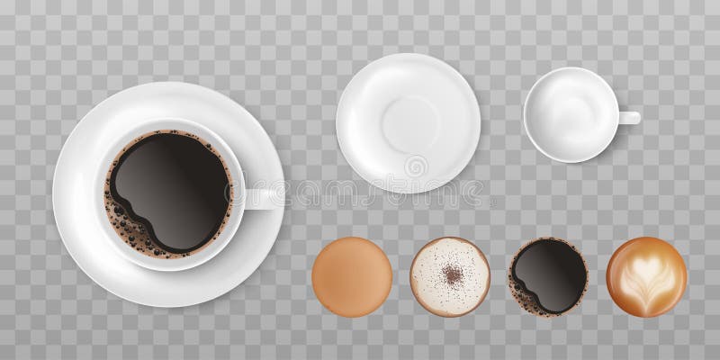 Set of White Ceramic Cups and Different Types of Coffee, Top View ...