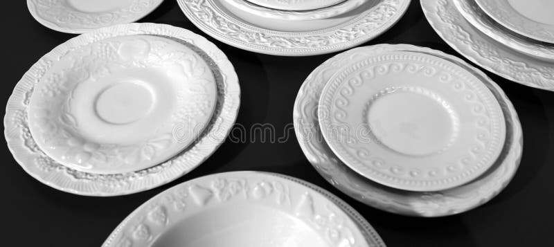 Set of White Ceramic Textured Plates Stock Photo - Image of breakfast ...