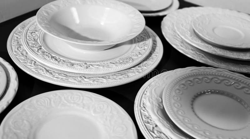Set of White Ceramic Textured Plates Stock Photo - Image of bowl ...
