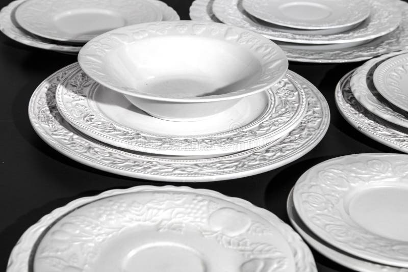 Set of White Ceramic Textured Plates Stock Photo - Image of dinnerware ...