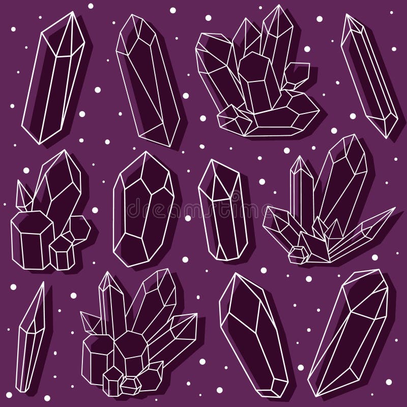 Set of White Crystals, White Outline Hand Drawing of Stones, Magic ...