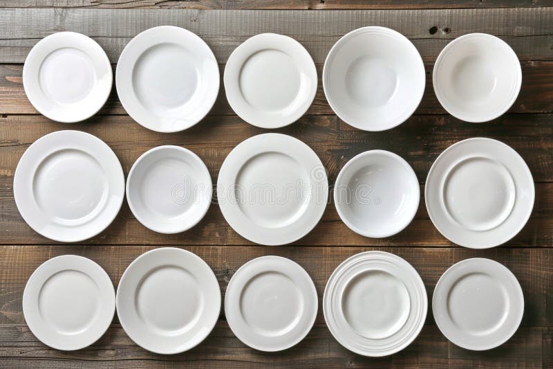 A Set of White Dinner Plates Arranged on a Wooden Table, Perfect for ...