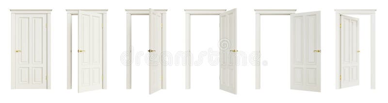 Set of White Doors in Various Stages of Opening, Isolated on White ...