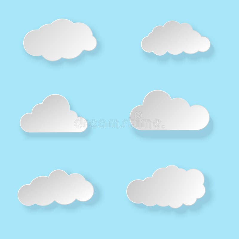 Set of White Paper Clouds with Shadows on Blue Background. Vector ...