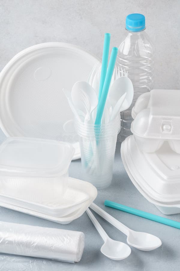 Set of White Plastic Disposable Tableware and Packaging Stock Image ...