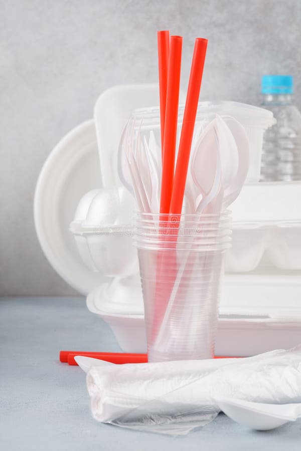 Set of White Plastic Disposable Tableware and Packaging Stock Image ...