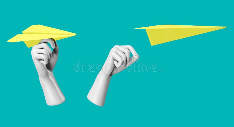 Set of White Stone Statue Hand Holding Paper Plane, Clipping Path, 3d ...