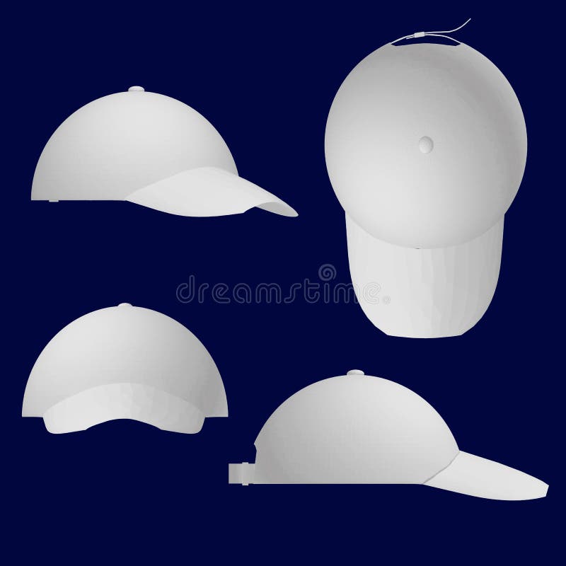 Set with White Summer Caps with Peaks. Side, Front, Top, Isometric View ...
