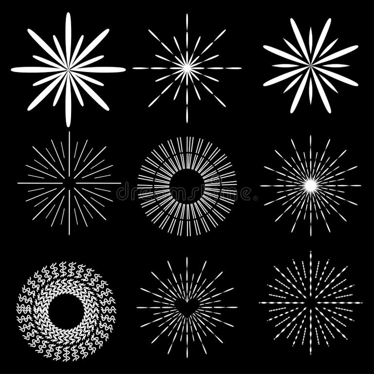 Set of White Sun Burst on Black Background Vector Illustration. Circle ...
