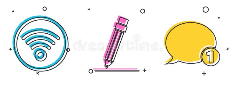 Set Wi-Fi Wireless Internet Network, Pencil with Eraser and Speech ...