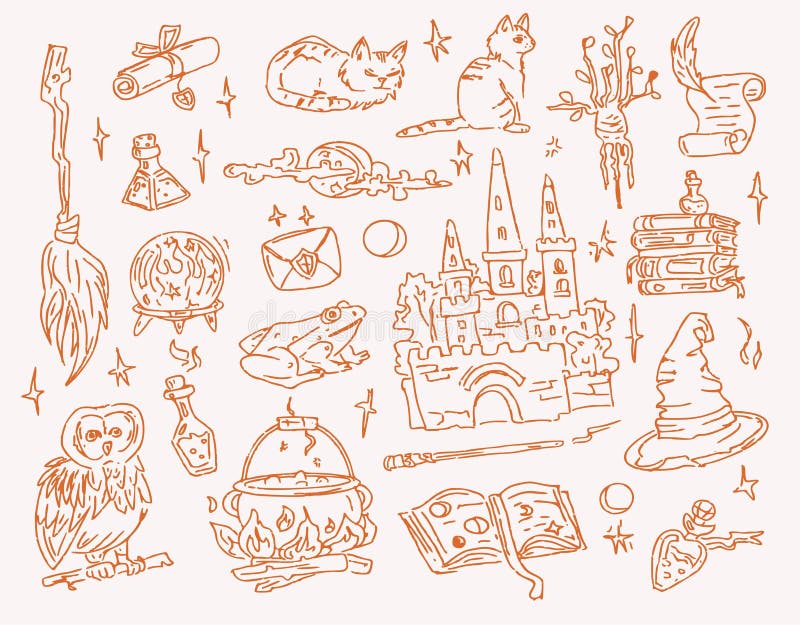 Set of Wichcraft Magic Objects and Animals Painted by Ink. Hand Draw ...