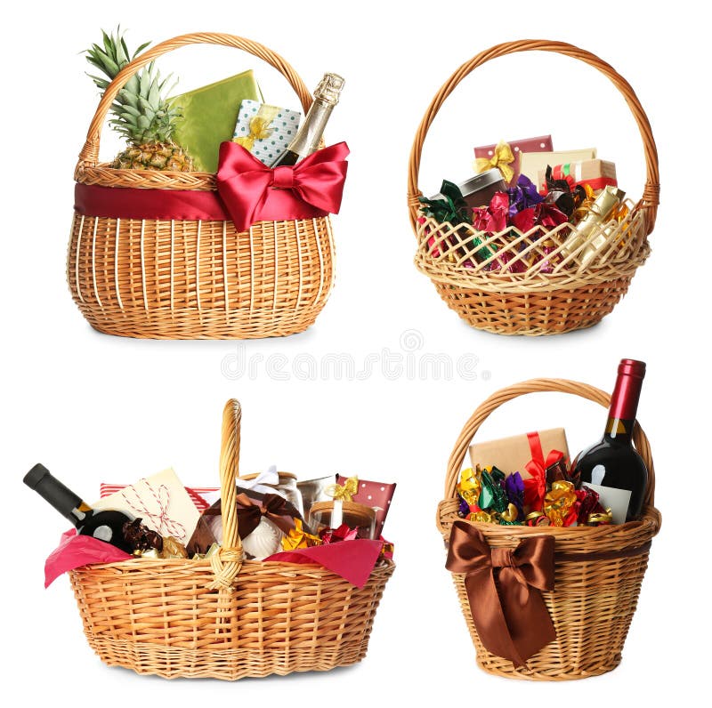Set with Wicker Baskets Full of Different Gifts on White Background ...