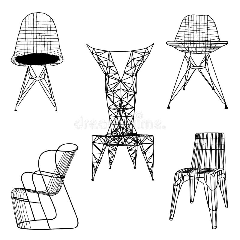 Set of Wicker Wire Chairs, Hand-drawn Vector Illustration Interior ...
