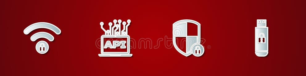 Set Wifi Locked, Computer Api Interface, Shield Security with and USB Flash Drive Icon. Vector ...