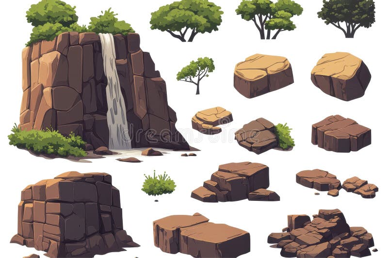 Set of Wild Terrain Elements Featuring Rocks, Trees, and a Waterfall ...