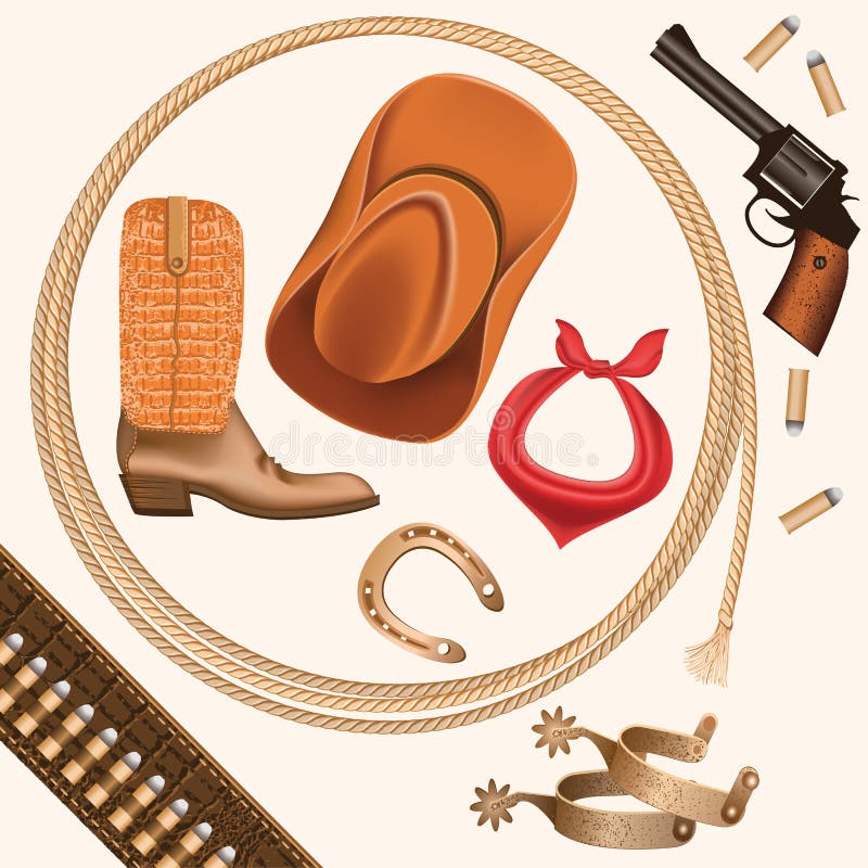 Set of Wild West Cowboy Objects Isolated on White Stock Vector ...