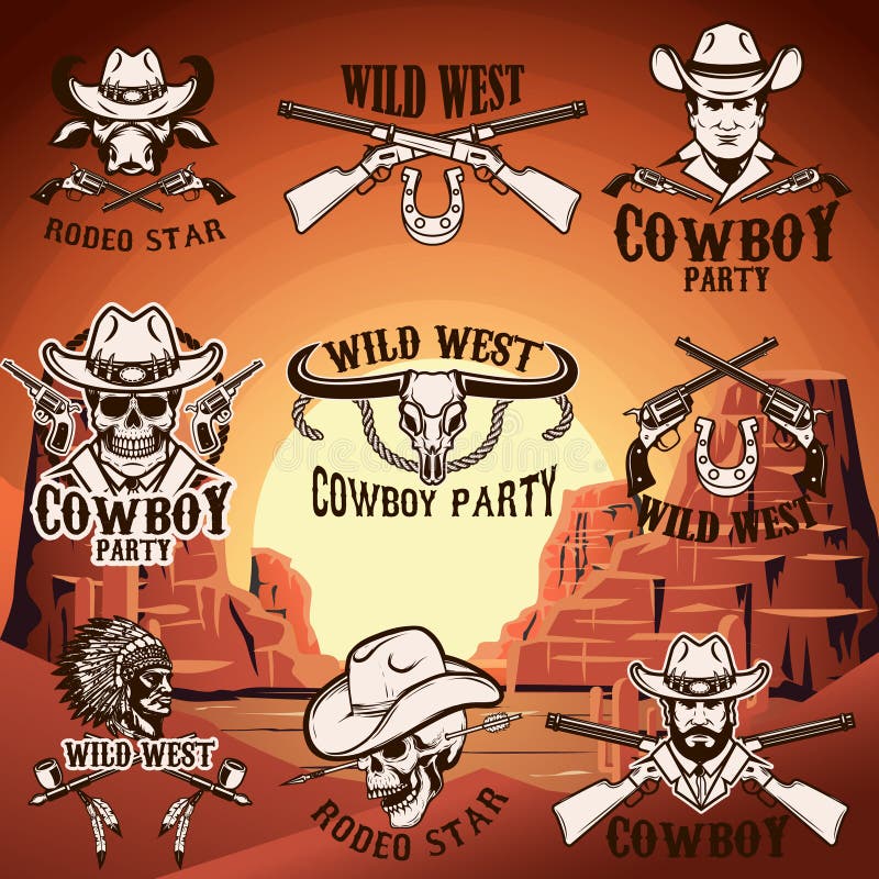 Set of Wild West Emblems on Background with Mountains. Design Element ...