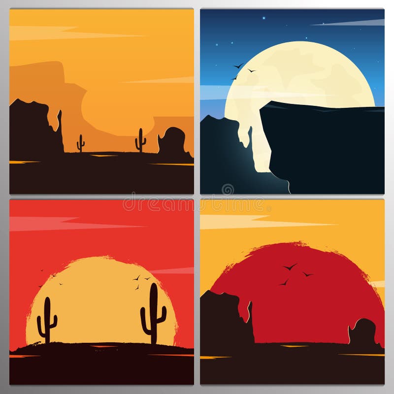 Set of Wild West Landscapes with Mountains and Cactus. Sunset at the ...