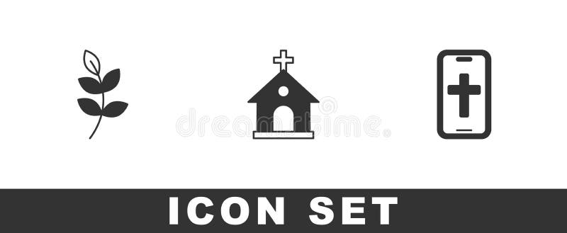 Set Willow Leaf, Church Building and Christian Cross on Phone Icon ...